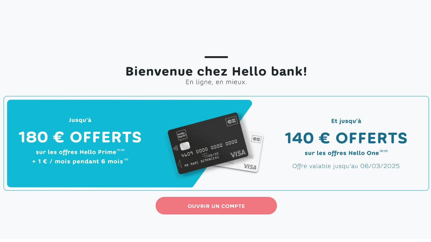 Banque en ligne : jusqu'à 180 euros offerts sur les offres Hello Prime